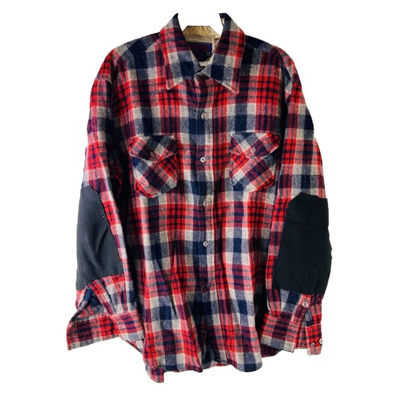 Vintage | Shirts | Vintage Wool Red Plaid Flannel Distressed Elbow ...